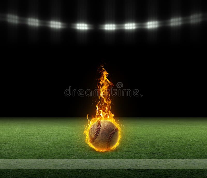 Fire Baseball Ball. on a Grass Field with Stripe and Black Background ...