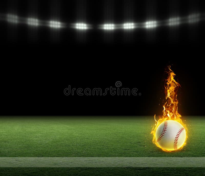 Fire Baseball Ball. on a Grass Field with Stripe and Black Background ...