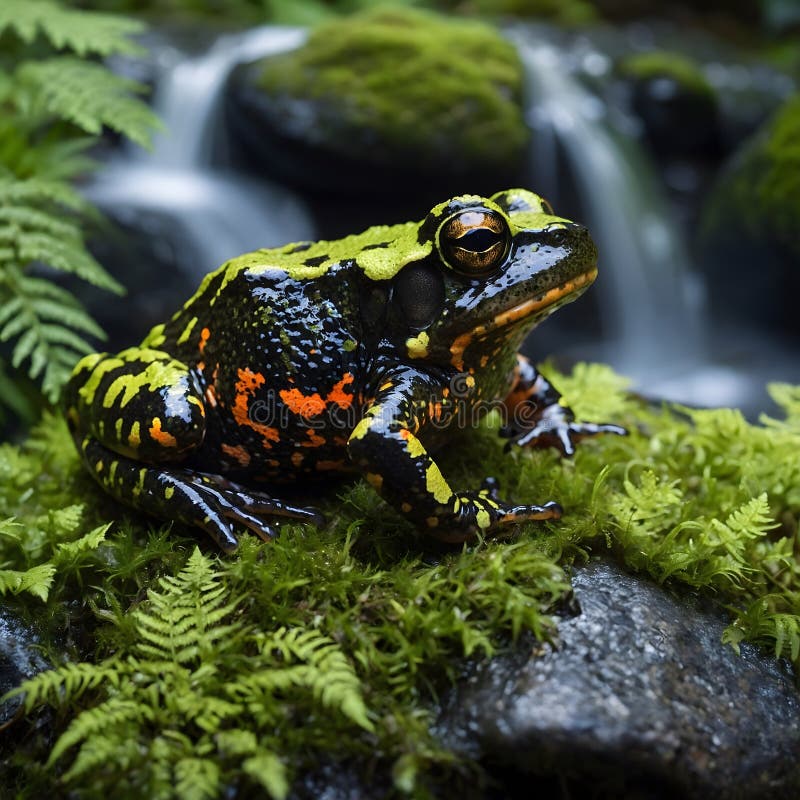 Fire-Bellied Toad Relaxing by Waterfall in a Secluded Forest Glade ...