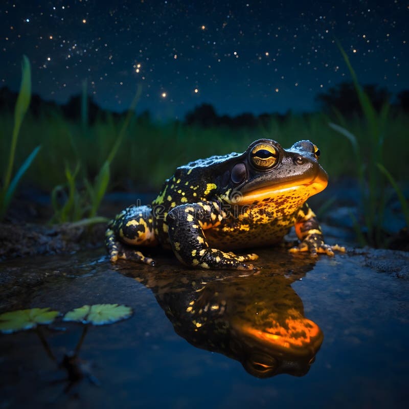 Fire-Bellied Toad Resting by Pond in Moonlight Surrounded by Fireflies ...