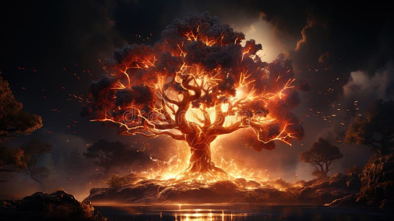 Fire on the Big. Tree Burning Tree in Forest AI Generative Stock ...