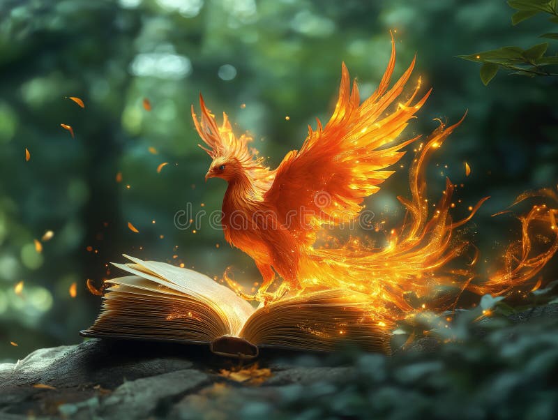 Fire Bird Phoenix from Magic Book in Green Forest. Stock Illustration ...