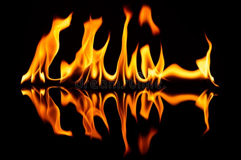 The Fire on Black Glass with a Reflection Stock Photo - Image of bright ...
