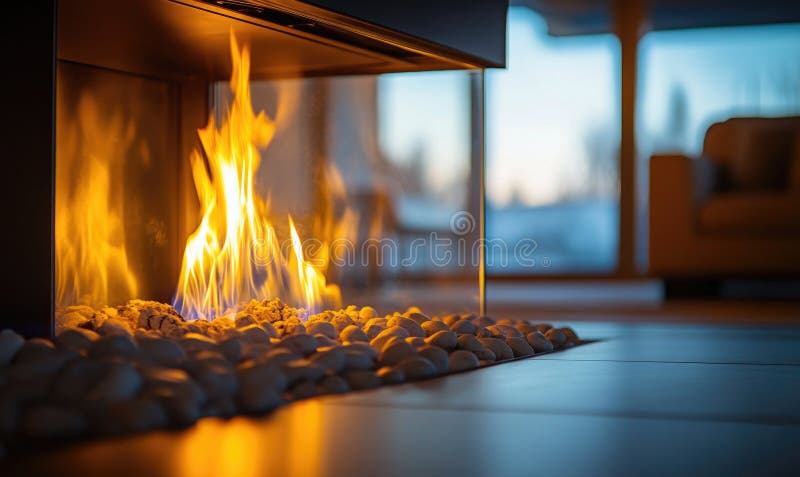 Fire Blazing in a Contemporary Fireplace Stock Photo - Image of burn ...