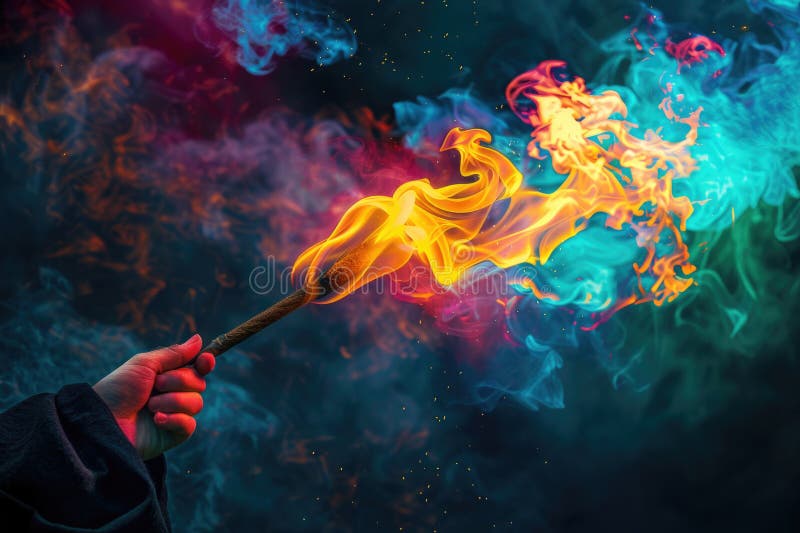 Fire Blazing Magic Wand Engulfed in Multi-colored Fire and Colored ...