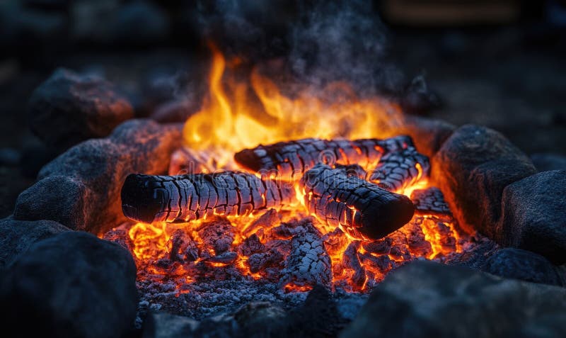 Fire Blazing in a Rustic Wood-burning Fireplace, Glowing Embers Stock ...