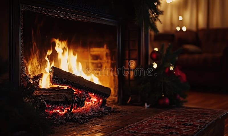 Fire Blazing in a Traditional Fireplace Stock Photo - Image of merry ...