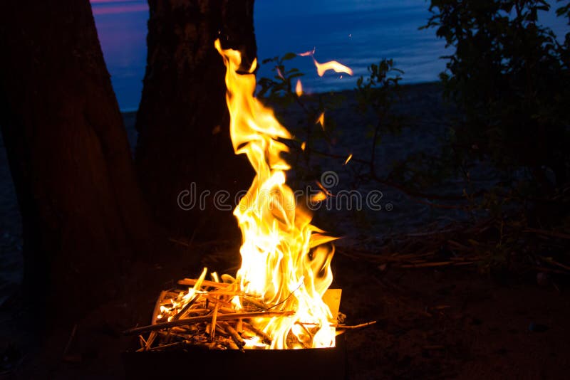 Fire in the Brazier on a Dark Night Stock Photo - Image of food, black ...