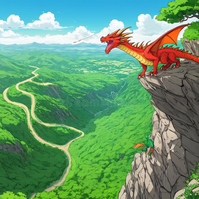 A Fire Breathing Dragon Drawing Perched on a Rocky Cliff with a ... A Fire Breathing Dragon Drawing Perched on a Rocky Cliff with a ...