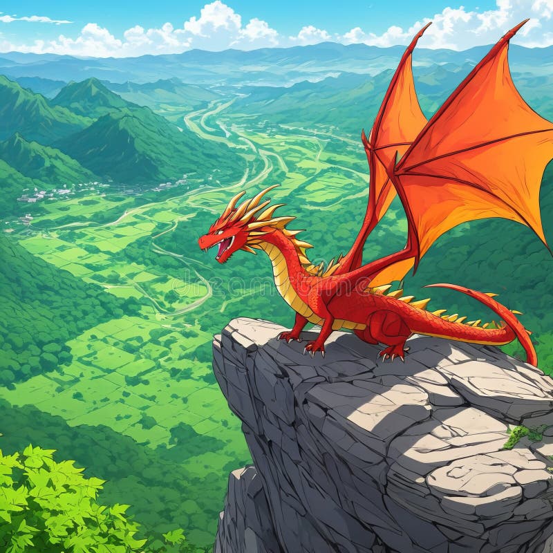 A Fire Breathing Dragon Drawing Perched on a Rocky Outcrop with a ... A Fire Breathing Dragon Drawing Perched on a Rocky Outcrop with a ...
