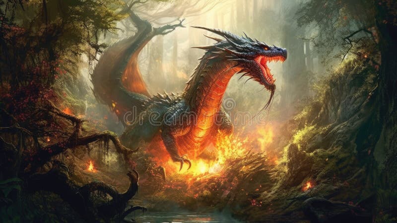 Fire-Breathing Dragon in a Mythical Forest. Generative AI Stock ...