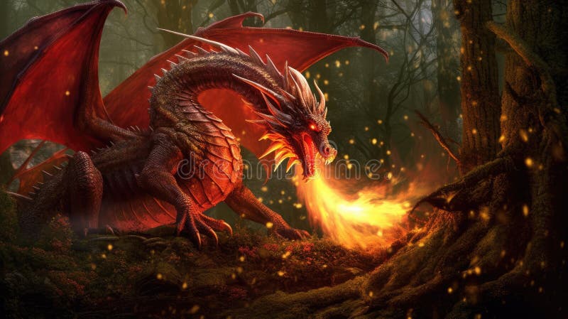 Fire-Breathing Dragon in a Mythical Forest. Generative AI Stock ...