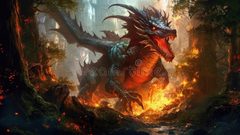 Fire-Breathing Dragon in a Mythical Forest. Generative AI Stock ...