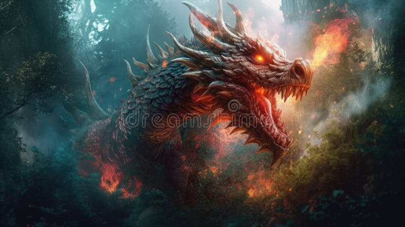 Fire-Breathing Dragon in a Mythical Forest. Generative AI Stock ...