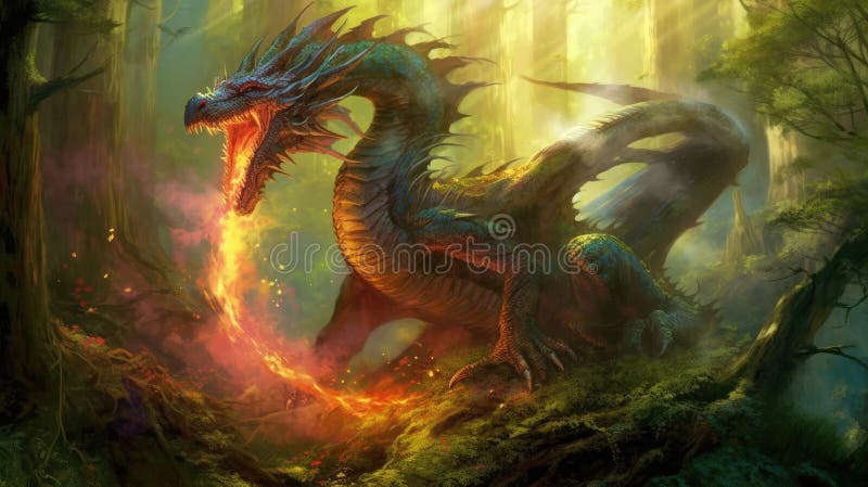 Fire-Breathing Dragon in a Mythical Forest. Generative AI Stock ...