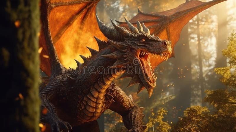Fire-Breathing Dragon in a Mythical Forest. Generative AI Stock ...