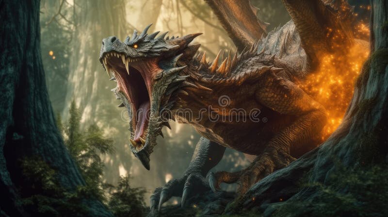 Fire-Breathing Dragon in a Mythical Forest. Generative AI Stock ...