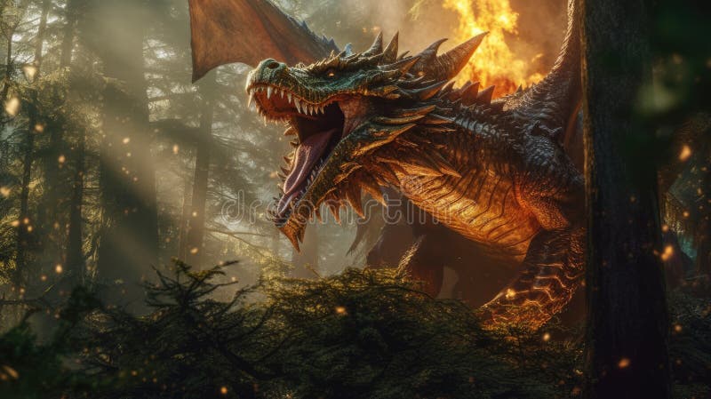 Fire-Breathing Dragon in a Mythical Forest. Generative AI Stock ...