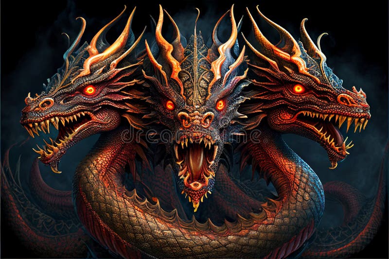 Fire-breathing Dragon with Three Heads. AI Generated. Stock ...
