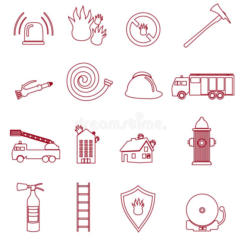 Fire Brigade Outline Red Icons Set Stock Vector - Illustration of ...
