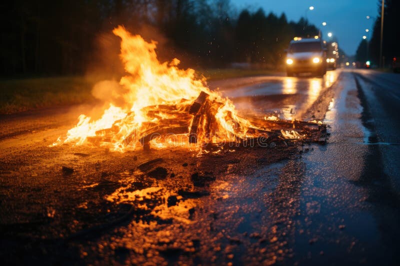 Fire Burning As a Barricade on a Road during Protests Stock ...
