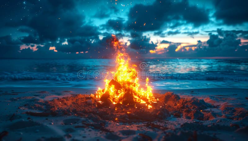 A Fire is Burning on a Beach at Night Stock Image - Image of firewood ...