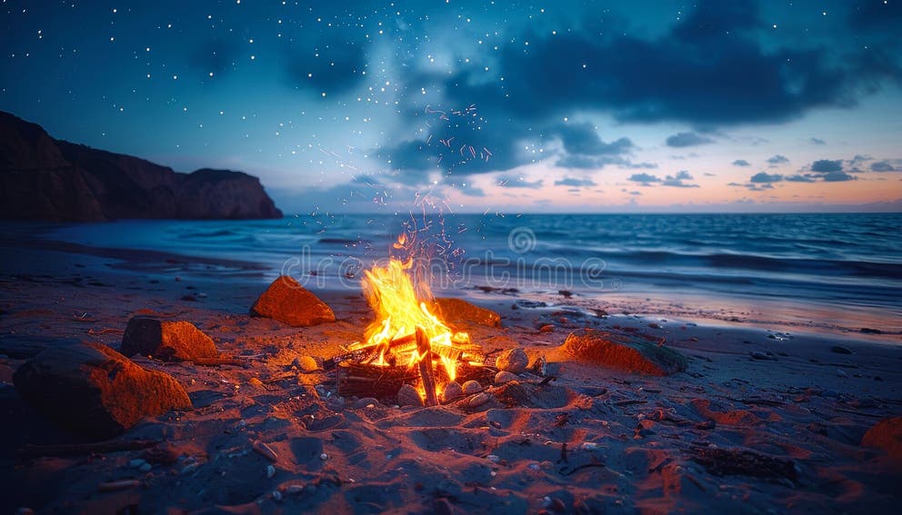 A Fire is Burning on a Beach at Night Stock Image - Image of bright ...