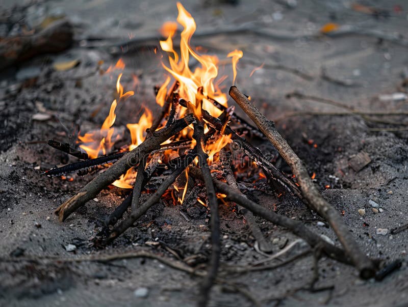 A Fire is Burning on the Beach with Sticks Stock Image - Image of ...