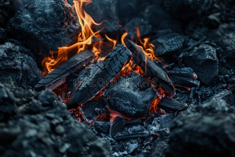 Fire is Burning among Black Coals in the Evening Stock Illustration ...