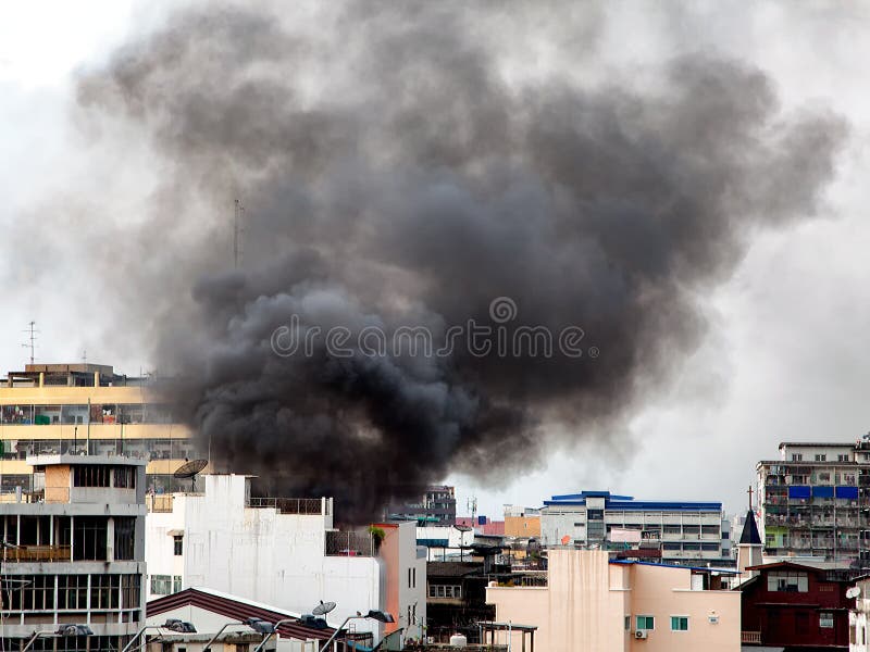 Fire Burning and Black Smoke Over the Commercial Building. Stock Image ...