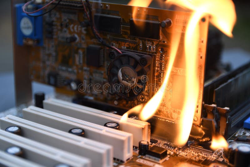 Fire Burning ,blazing Computer Motherboard, Cpu,gpu and Video Card ...