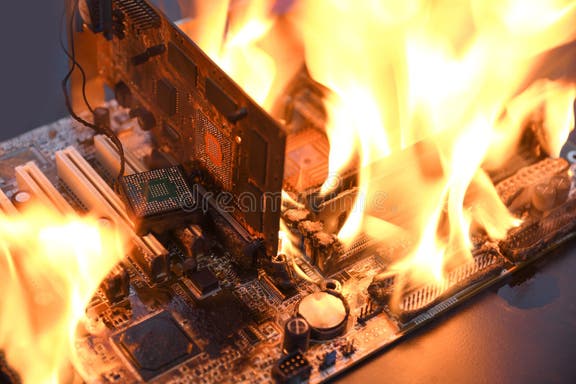 Fire Burning ,blazing Computer Motherboard, Cpu,gpu and Video Card ...