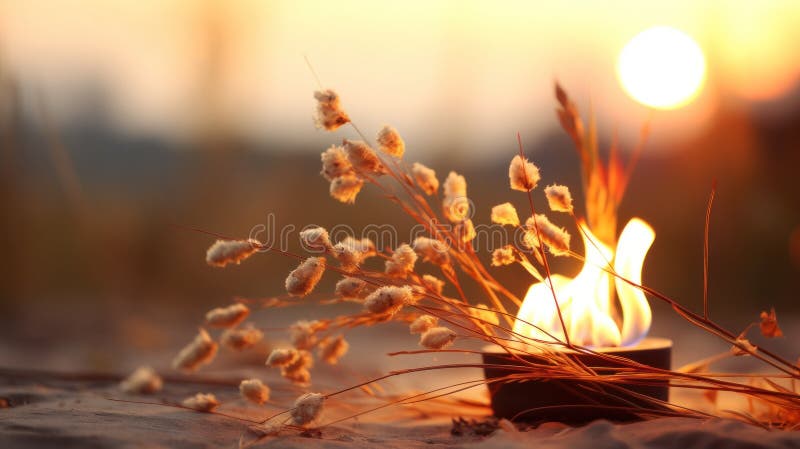 A Fire Burning in a Bowl of Sand with Some Grass, AI Stock Illustration ...