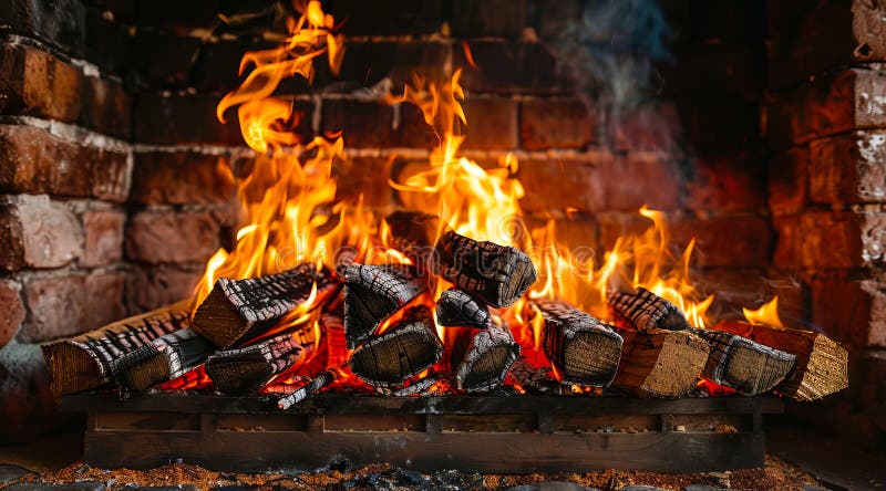 A Fire Burning in a Brick Fireplace Stock Image - Image of flame, coal ...