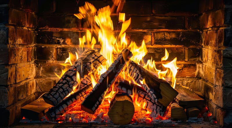 A Fire Burning in a Brick Fireplace Stock Photo - Image of fireplace ...