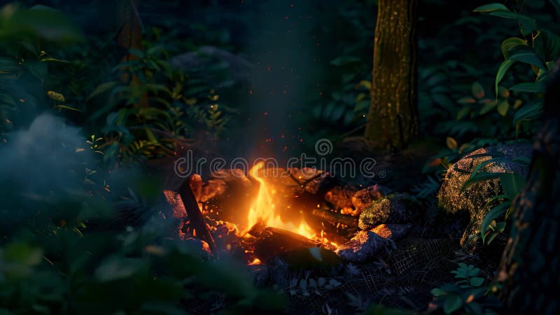 A Fire Burning in the Center of a Forest Clearing, Casting Flickering ...