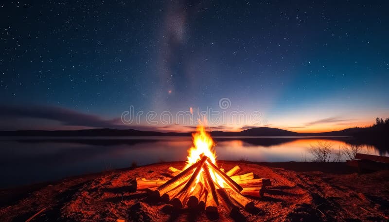 A Fire is Burning in a Circle of Logs on a Beach Stock Photo - Image of ...