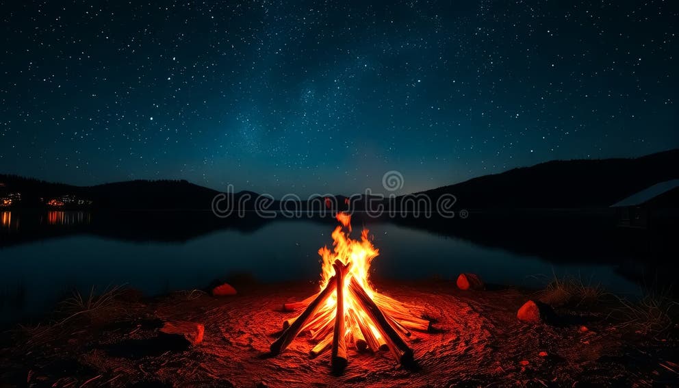 A Fire is Burning in a Circle of Logs on a Beach Stock Photo - Image of ...
