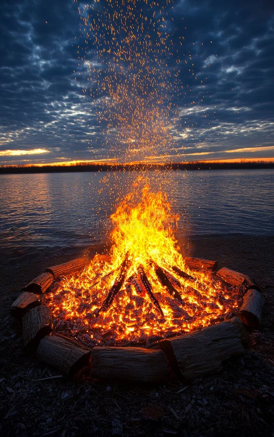 A Fire is Burning in a Circle of Logs on a Beach Stock Photo - Image of ...