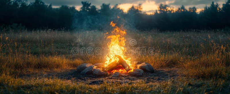 A Fire is Burning in a Circle of Logs in a Field Stock Image - Image of ...