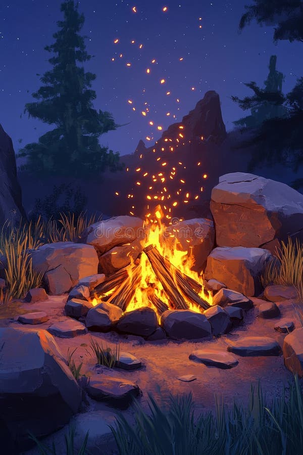 A Fire is Burning in a Circle of Logs in a Forest Stock Illustration ...