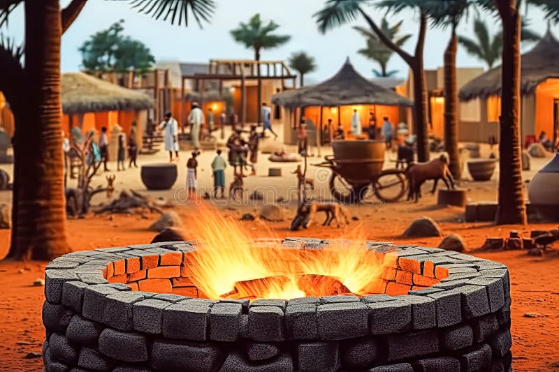 A Fire is Burning in a Circle of Rocks in Front of a Hut. Stock Photo ...