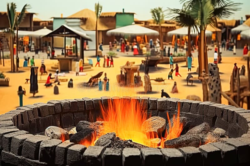 A Fire is Burning in a Circle of Rocks in Front of a Hut. Stock Image ...