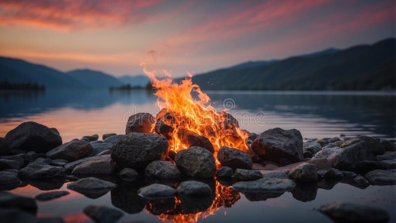 A Fire is Burning in a Circle of Rocks on a Lake. Stock Illustration ...