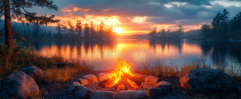 A Fire is Burning in a Circle of Rocks by a Lake Stock Photo - Image of ...