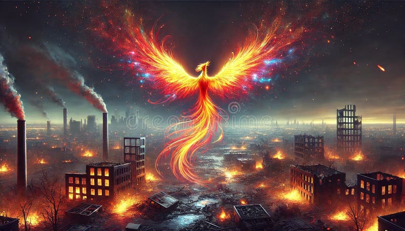 A Fire Burning in a City with a Large Red Bird Flying Over it Stock ...