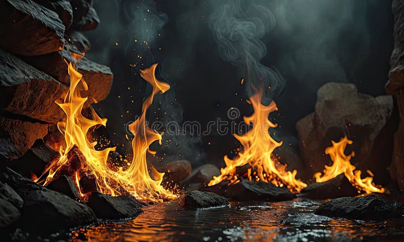 A Fire is Burning in a Dark Cave, with Smoke Rising from the Rocks ...