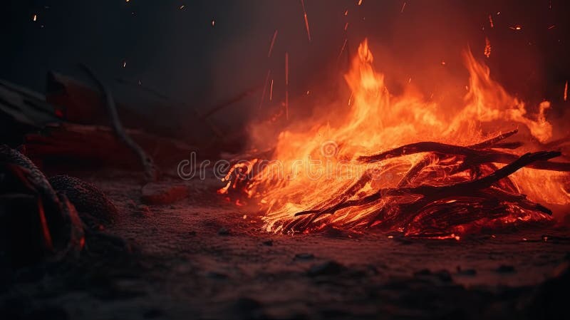 A Fire Burning in a Dark Room with Lots of Wood Stock Illustration ...