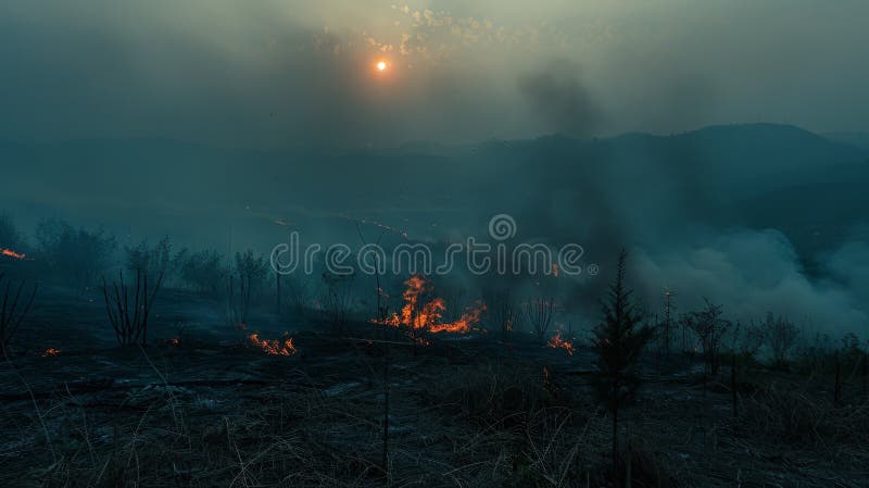 A Fire is Burning in the Distance with a Bright Sun, AI Stock Photo ...
