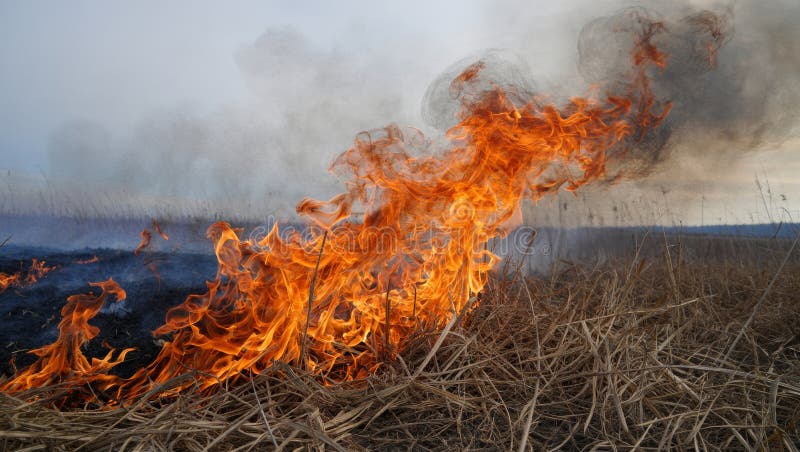 Fire Burning through Dry Grass in Open Field Stock Photo - Image of ...